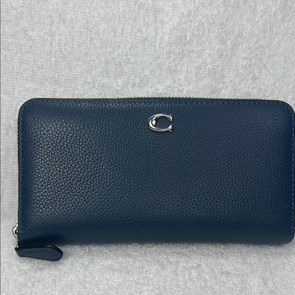 Coach | Bags | Coach Navy Blue Leather Zip Around Wallet With Silver ...